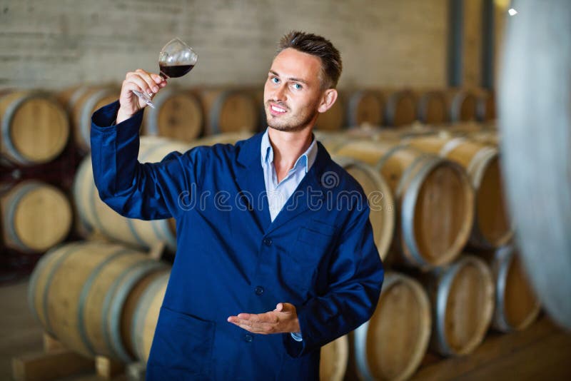 Male Winemaker in Uniform Having Glass of Wine in Hands in Cell Stock ...