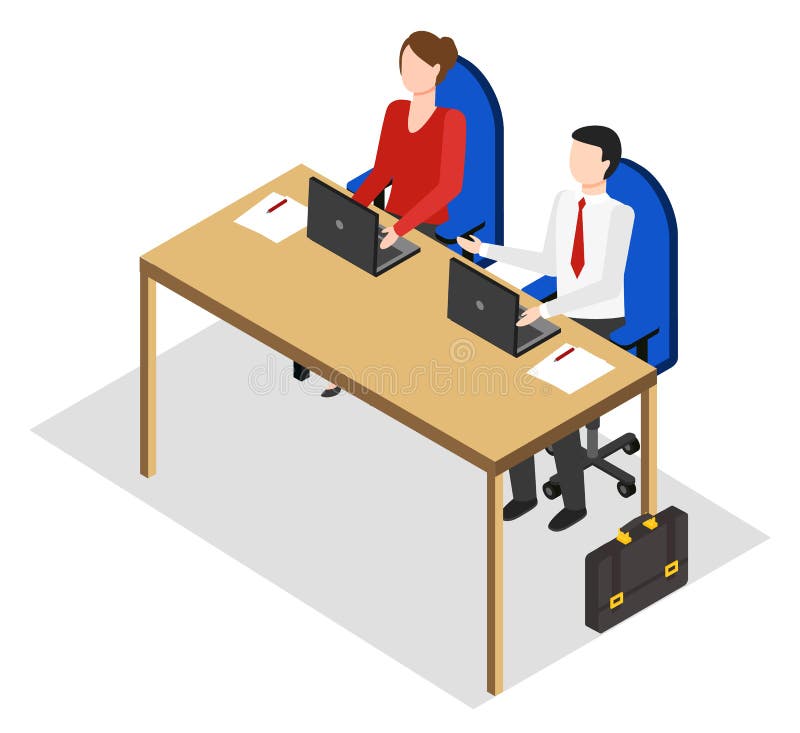 Male and Woman Working by One Table in Office Stock Vector ...