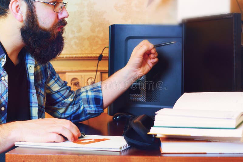 Male Work Computer Pen Write Stock Image - Image of male, desk: 81181937