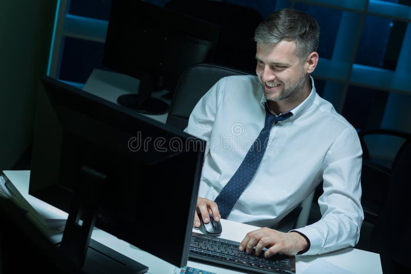 Male Workaholic Working at Night Stock Image - Image of addiction ...