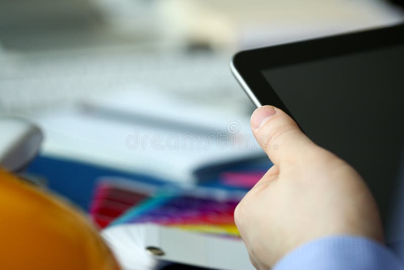 Male Worker Arm Use Pad Pc Closeup at Workplace Stock Image - Image of ...