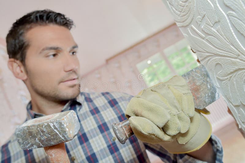 Male Worker Chiselling Off Plaster Stock Photo - Image of smash ...
