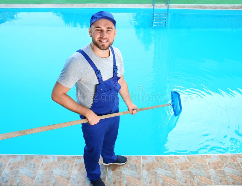 Male Worker Cleaning Outdoor Pool Stock Photo - Image of cleaning ...