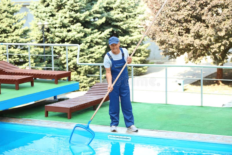 Male Worker Cleaning Outdoor Pool Stock Photo - Image of equipment ...