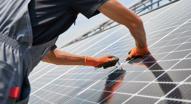 Male Worker Hands Installing Solar Panels Outdoors. Stock Photo - Image ...