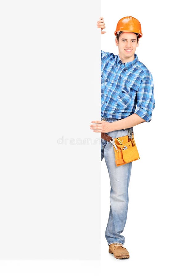 Male Construction Worker Posing Behind a Panel Stock Image - Image of ...