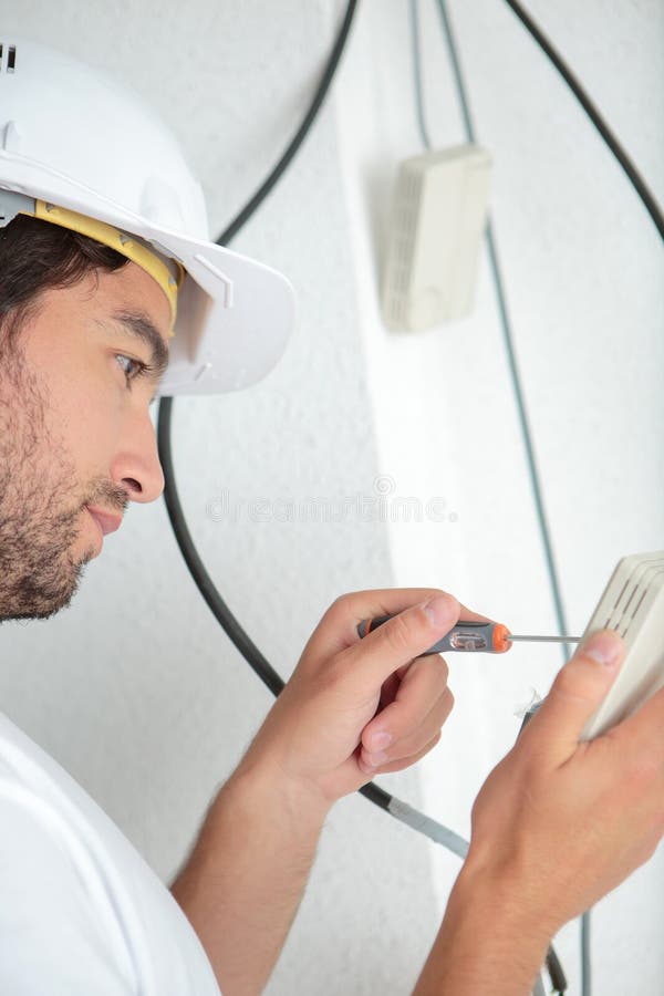 Male Worker Installing Cable Line Stock Image - Image of installation ...