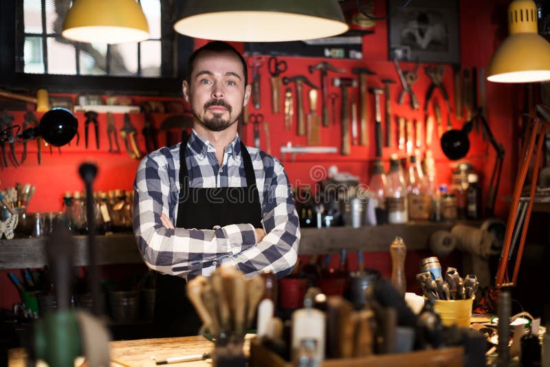 Male Worker in Leather Workshop Stock Photo - Image of vocational ...