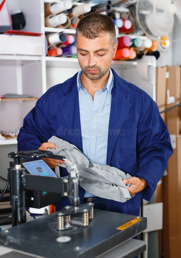 Male Worker Makes Print on Shirt Stock Image - Image of factory ...