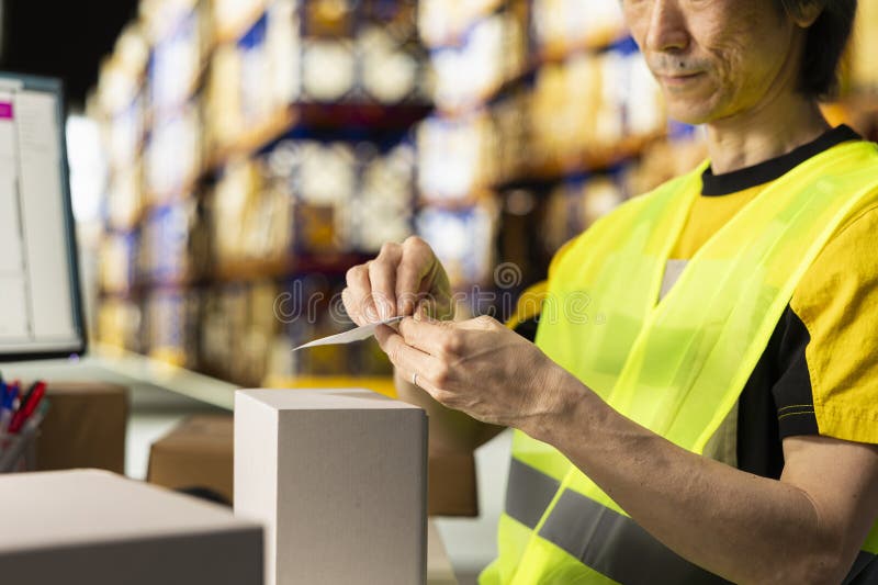 Male Worker Managing Package Labeling Using Shipment Details Adhesive ...
