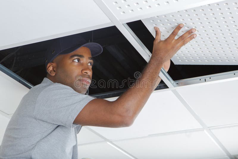 Male Worker Removing Ceiling Panel Stock Photo - Image of ladder, care ...