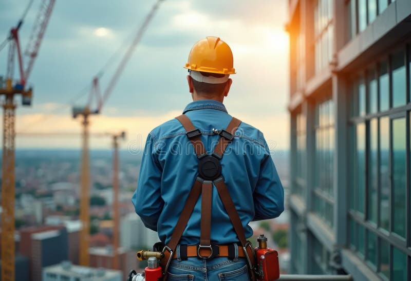 Male Worker with Safety Equipment in High-risk Work at High Altitude ...