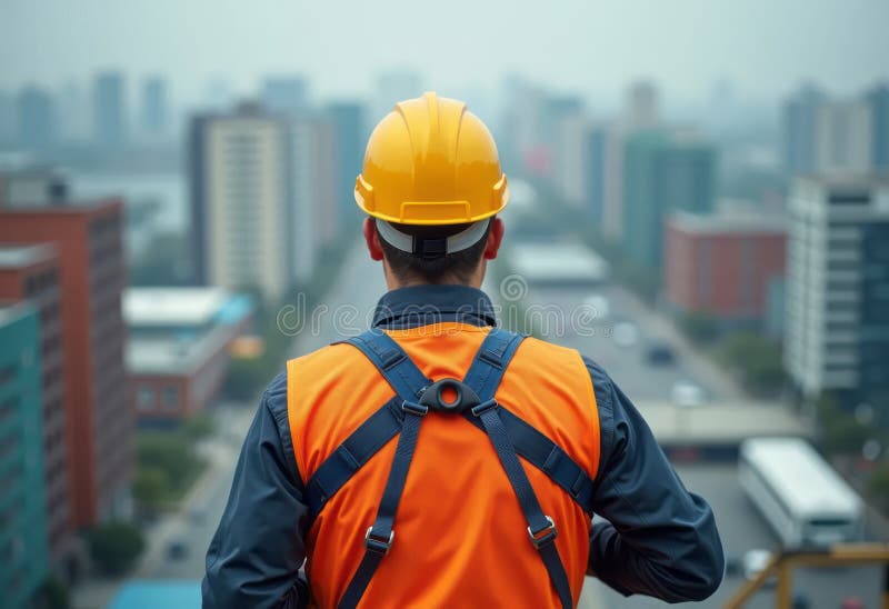 Male Worker with Safety Equipment in High-risk Work at High Altitude ...