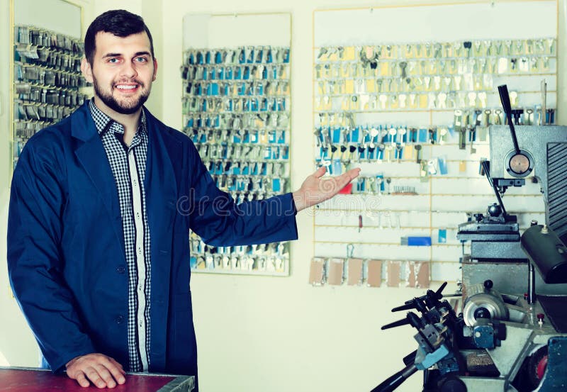 Male Worker Showing His Tools for Making Keys in Workshop Stock Image ...