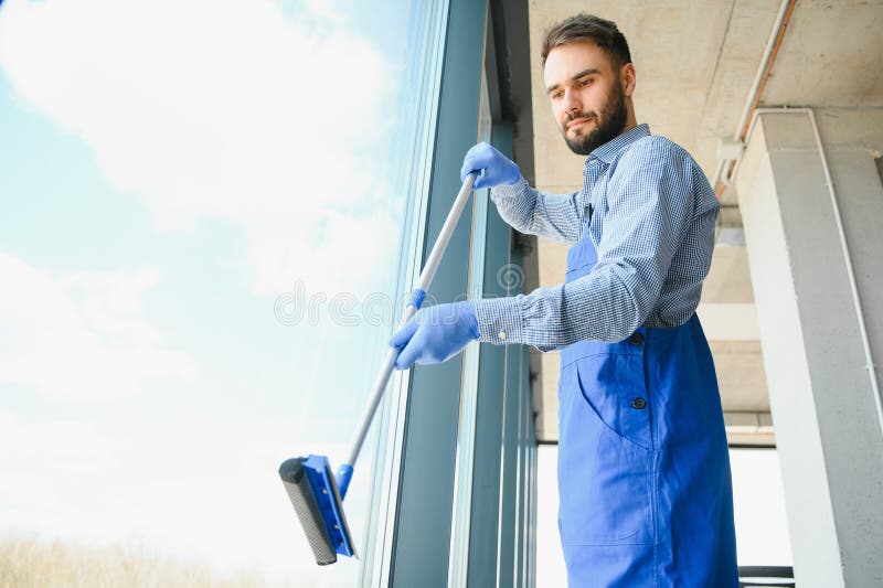 Male Worker Washing Window Glass. Stock Image - Image of disinfect ...