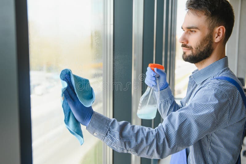Male Worker Washing Window Glass. Stock Image - Image of person ...
