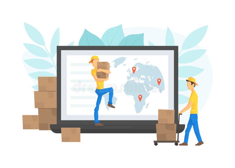 Male Workers Delivering Parcel Boxes through Computer Screen, Worldwide ...