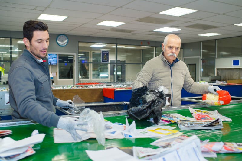 Male Workers Sorting Recycling on Conveyor Belt Stock Image - Image of ...