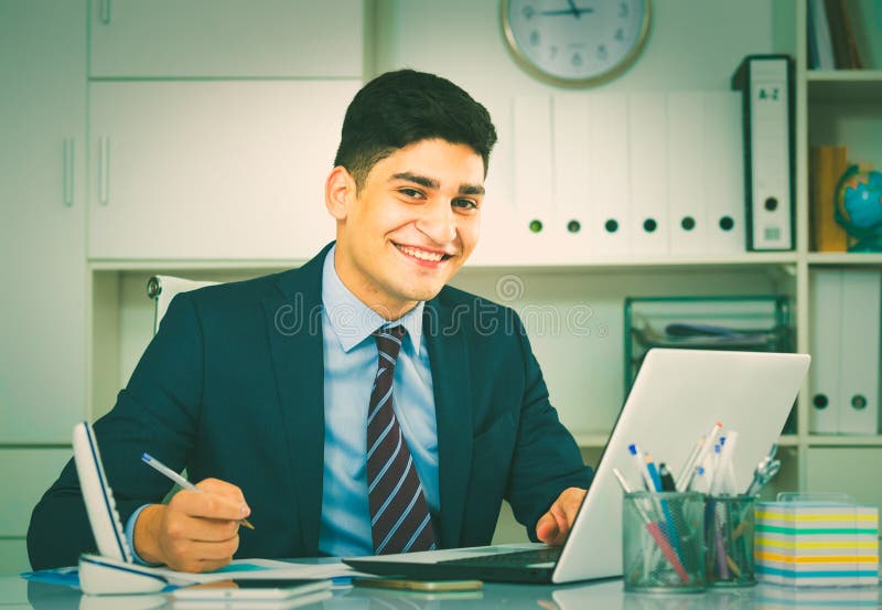 Male is Working at a Computer Stock Photo - Image of notes, employee ...