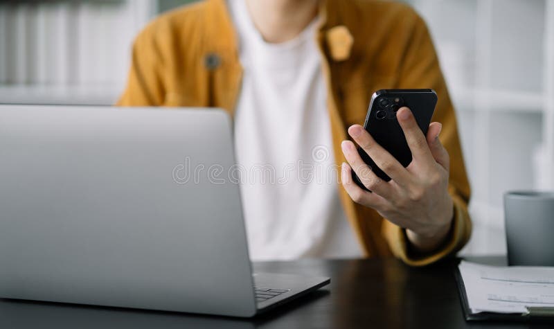 Male Working with Smart Phone and Laptop and Digital Tablet Computer ...