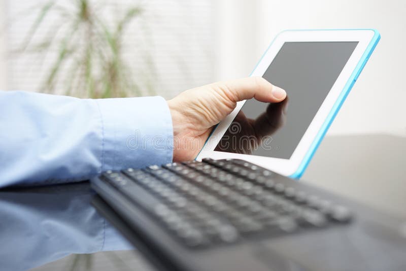 Male is Working on Tablet and Personal Computer Stock Image - Image of ...