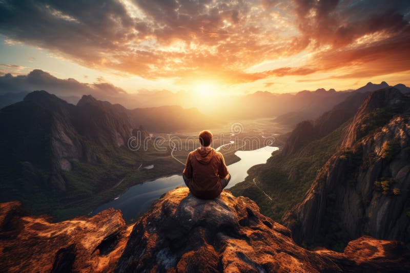 Male Yogi Meditating on Top of a Mountain Stock Photo - Image of ...