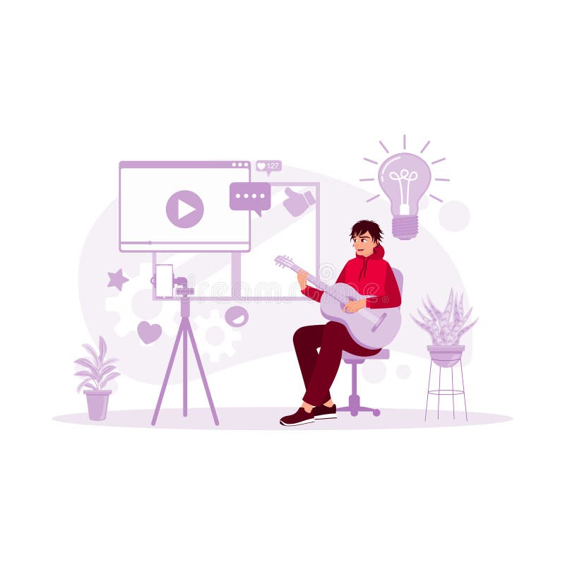 A Male YouTuber Creates Content Singing with a Guitar Using a ...