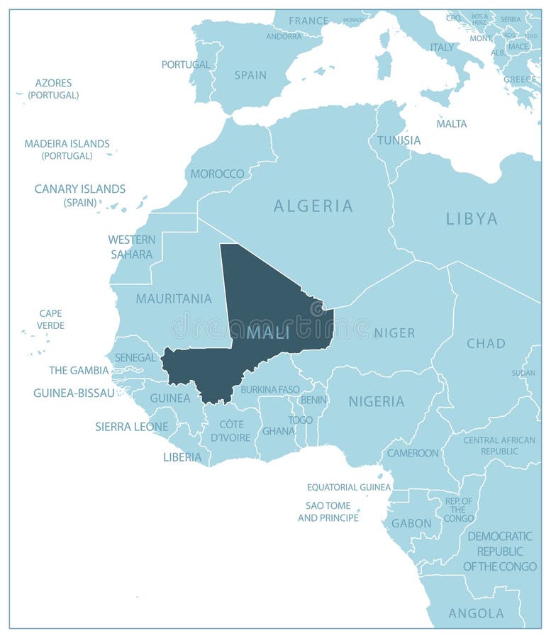 Mali - Blue Map with Neighboring Countries and Names Stock Illustration ...