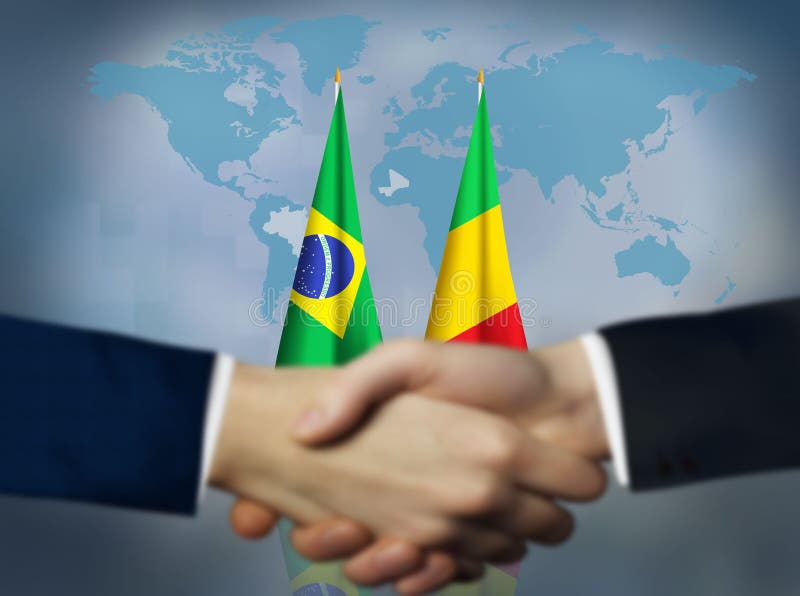 Two People Shaking Hands in Front of Mali and Brazil Flags Stock Photo ...