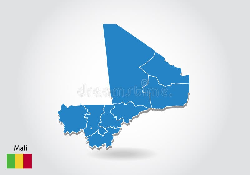 Mali Map Design with 3D Style. Blue Mali Map and National Flag Stock ...