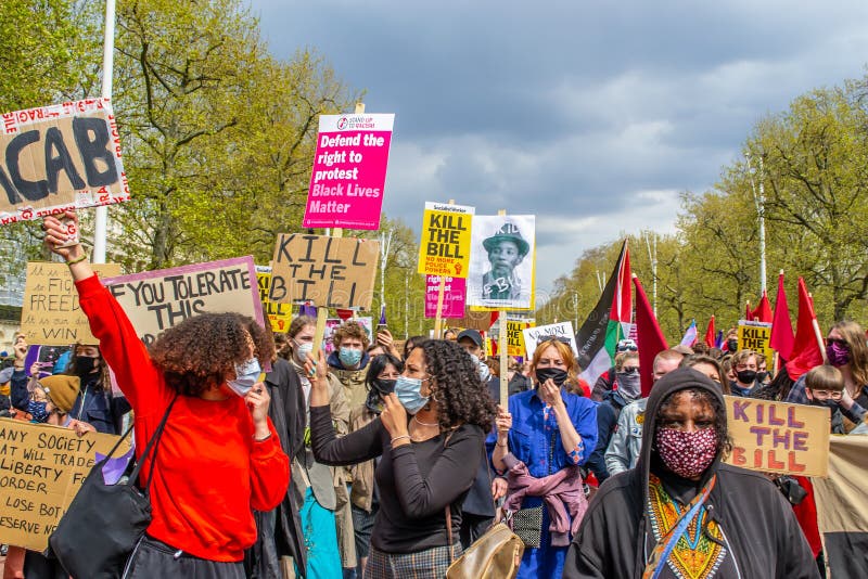 The MALL, LONDON, ENGLAND- 1 May 2021: Protesters at a KILL the BILL ...