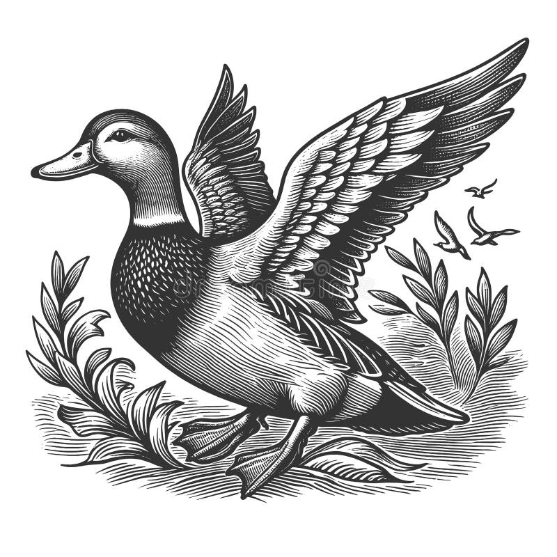 Mallard Duck in Flight Engraving Raster Stock Image - Image of poster ...