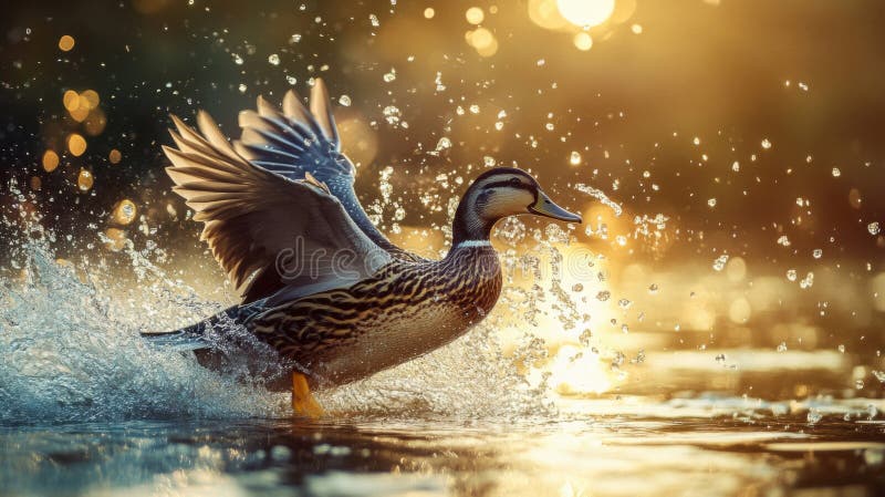 Mallard Duck Taking Off from Water at Sunset Stock Illustration ...