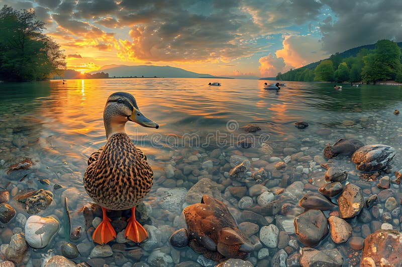 Mallard Ducks on the Lake at Sunset and Trees Stock Illustration ...