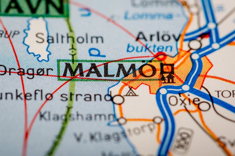 Malmo City on a Road Map stock image. Image of magnification - 86359791