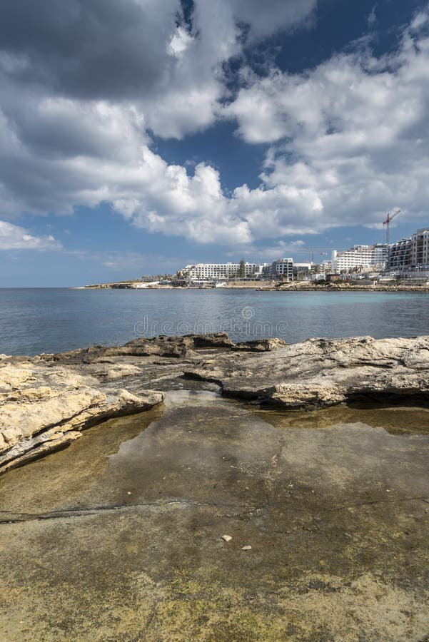 Rock Pool and Bugibba from the Seafront Bugibba Malta Stock Image ...