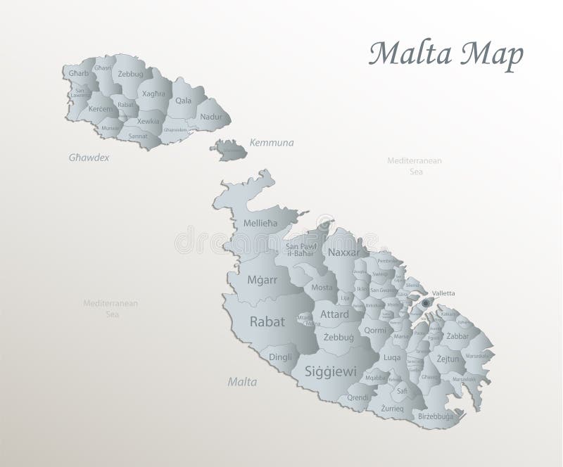 Malta Map, Administrative Divisions Whit Names Regions, Blue Background ...