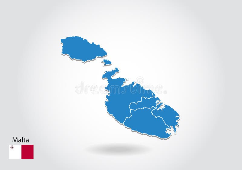 Malta Map Design with 3D Style. Blue Malta Map and National Flag Stock ...