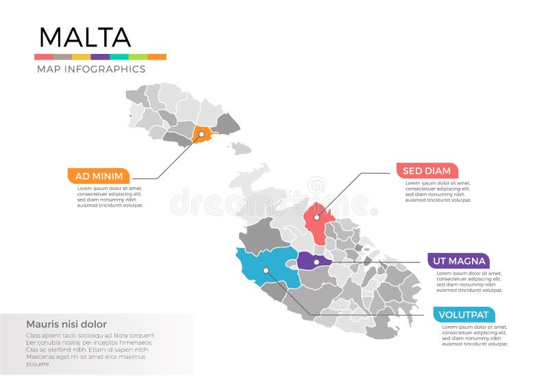Malta Map Infographics Vector Template with Regions and Pointer Marks ...