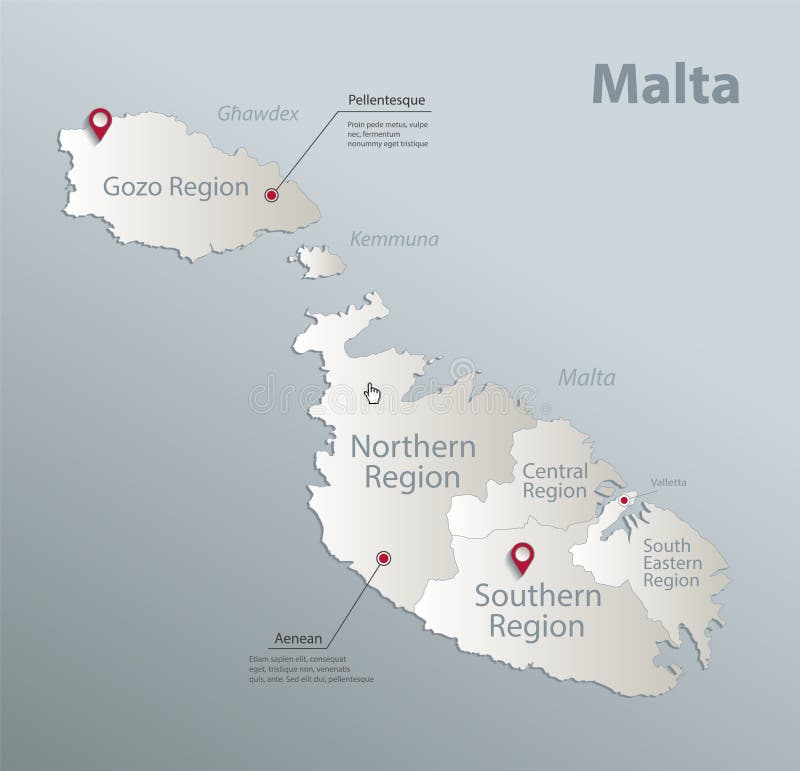 Malta Regions Map with Names, Blue White Card Paper 3D Stock Vector ...