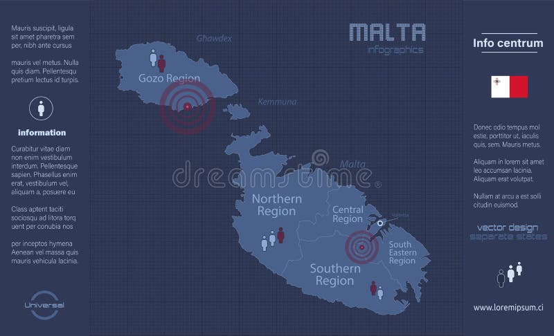 Malta Regions Map with Names, Infographics Blue Flat Design Stock ...