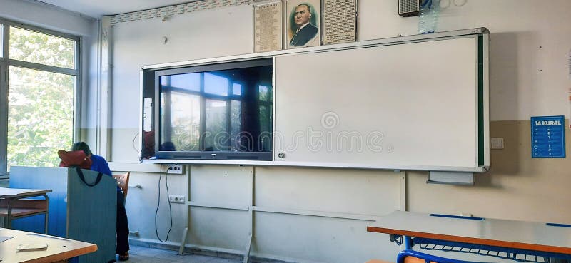 Empty High School Classroom with Ataturk Picture, Interactive Smart ...