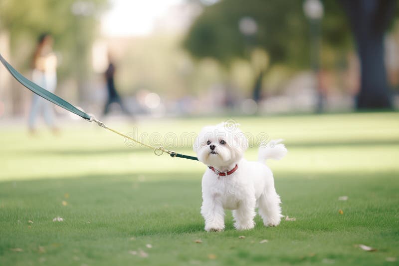 Maltese on Leash, Circling for Tail in Park Stock Photo - Image of ...