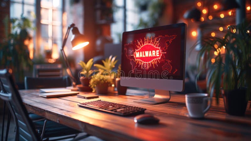 MALWARE Large Red Alert Text on Computer Screen in Bright Office Stock ...