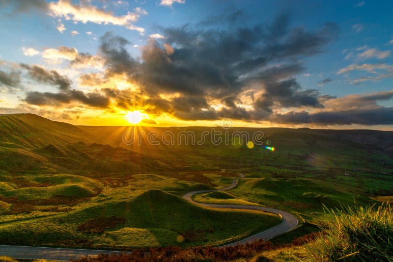 Mam Tor in the Peak District during Sunset Stock Photo - Image of cars ...