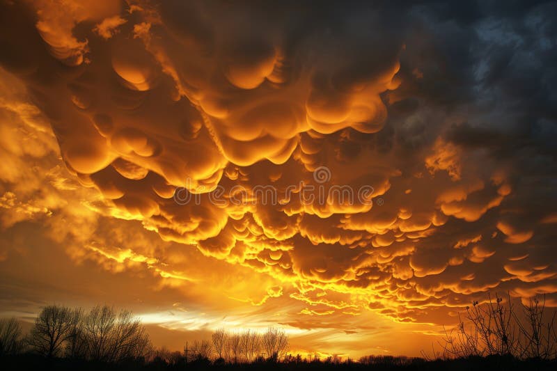 Mammatus Clouds Forming Ominous Shapes at Sunset, Creating a Dramatic ...