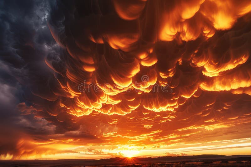 Mammatus Clouds Forming Ominous Shapes at Sunset, Creating a Dramatic ...
