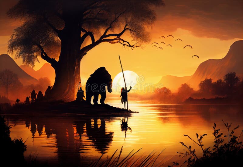 Mammoth Hunting Scene, at Sunset by a Lake. Stock Photo - Image of ...