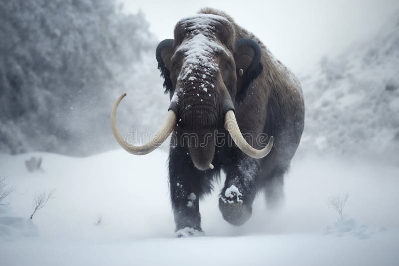 Mammoth Running To the Camera in Snow Winter. Generative AI Stock ...