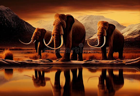 Mammoth at Sunset by the Lake. Stock Illustration - Illustration of ...
